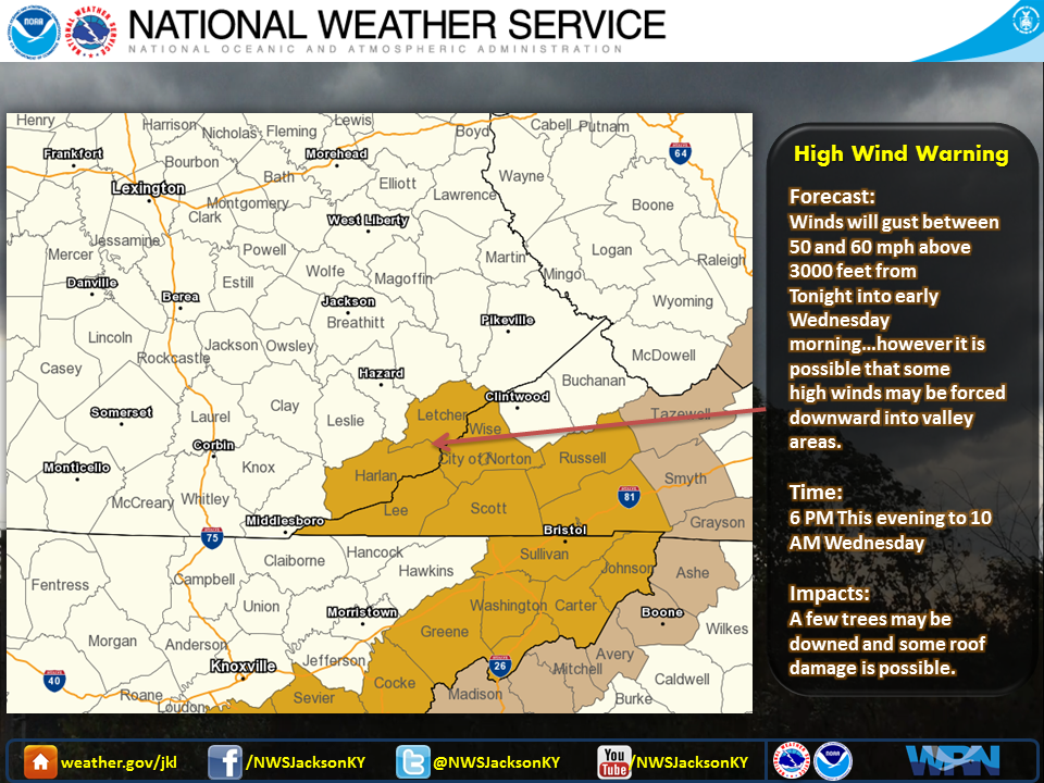 High Wind Warning Along and Near the Higher Terrain Tuesday Night